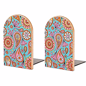 2 Pack Wood Bookends,Paisley Floral Decorative Book Ends Support for Shelves Desktop Organizer Wooden Bookshelf for Home School Office