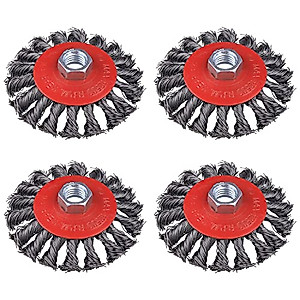 WENORA 4 Pack 4 Inch Twist Knotted Wire Wheel Brush for Angle Grinder with 5/8 Inch-11 Threaded Arbor, for Heavy-Duty Conditioning for Various Metals