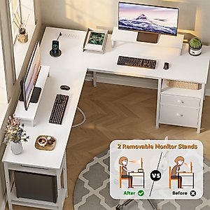 Furologee White 66” L Shaped Desk with Power Outlet, Reversible Computer Desk with File Drawer & 2 Monitor Stands, Home Office Desk with Storage Shelves, Corner Desk for Gaming Writing