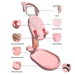 OATSBASF Cute Bear Phone Stand, Foldable Angle Height Adjustable Cell Phone Stand for Desk, Portable Universal Multifunction Phone Holder Stand, Compatible with iPhone, Switch, All Phones (Pink)