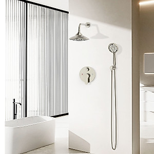 EMBATHER Shower Faucets Sets Complete, with 3 Setting High Pressure Shower Head Combo, Bathroom Wall Mounted Rainfall Shower System Fixtures with 8-Mode Handheld Spray, Brushed Nickel