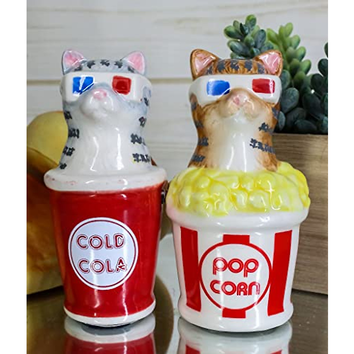 Ebros Funky Cats With Cinema 3D Glasses Sitting In Soda Pop Cup And Popcorn Tub At The Movies Salt And Pepper Shakers Set Ceramic Figurines Party Kitchen Tabletop Cat Decor Collectible