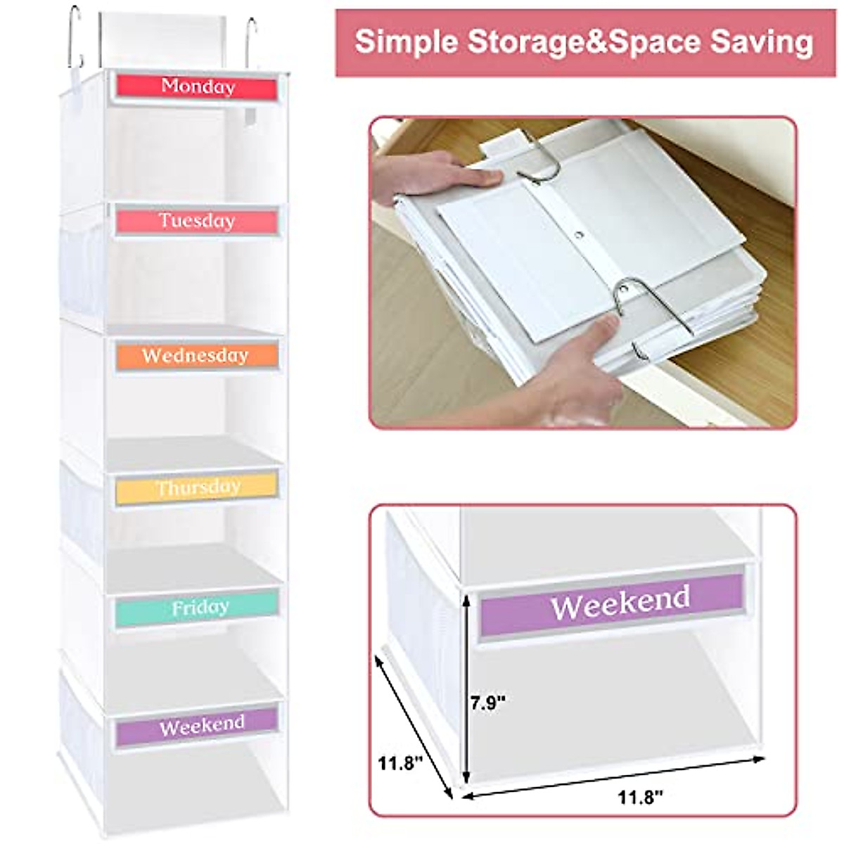 Fixwal 6-Shelf Weekly Hanging Closet Organizer with 6 Side Pockets Collapsible Weekday Kids Closet Daily Clothes Organizer Hanging Storage Shelves (White)