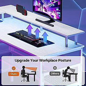 FEMOND L-Shaped Gaming Desk with LED Lights, Modern White Computer Desk, 55 Inch, 3 Shelves, 1 Adjustable Shelf, Perfect for Home Office, Gaming Setup, and Small Places