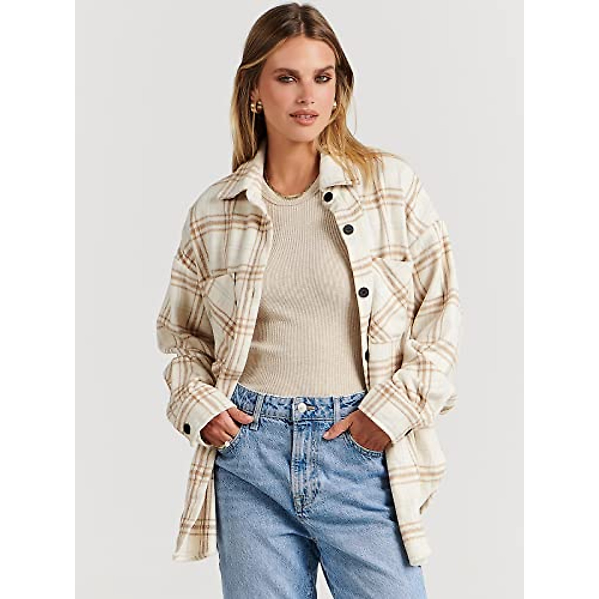ANRABESS Womens Casual Plaid Shacket Button Down Long Sleeve Shirt Jacket