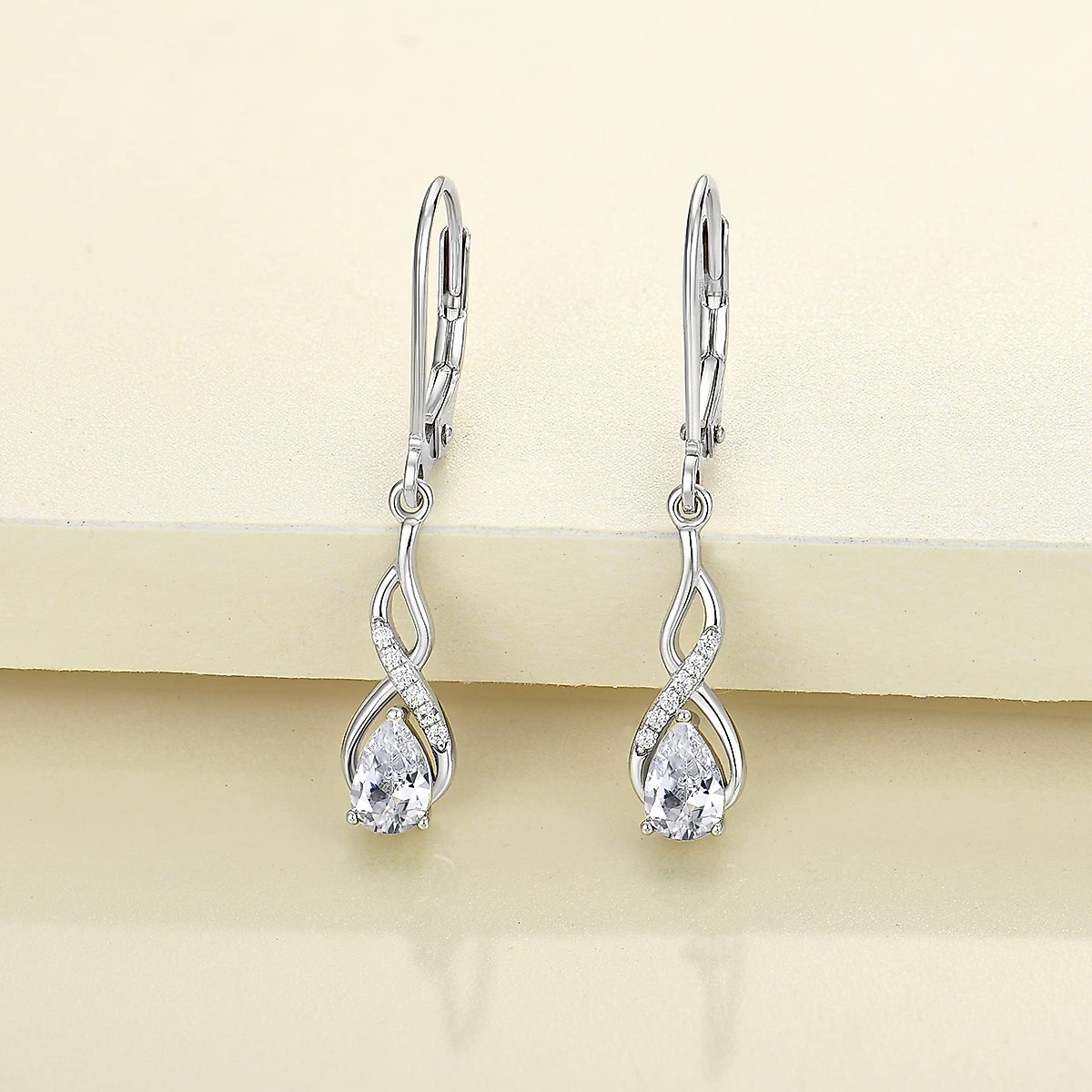 YL Infinity Dangle Drop Earrings Sterling Silver Leverback Teardrop Earrings Cubic Zirconia Twisted Jewelry