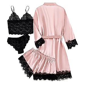 LYANER Women's 4pcs Sleepwear Satin Floral Lace Trim Cami Pajama Set with Robe Solid Pink Small