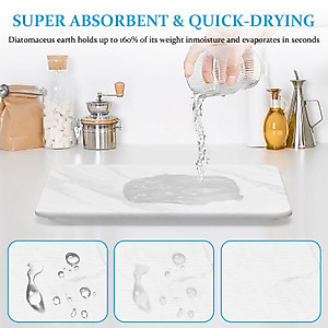 FLOKINICE Stone Dish Drying Mat for Kitchen Counter, Eco-Friendly Ultra Absorbent Heat Resistant Diatomaceous Earth Sink Tray Mat for Dish Bottles Cups & Pet Bowl (White Marble)