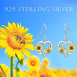 Sunflower Dangle Earrings 925 Sterling Silver Bee Drop Sunflower Earrings Hypoallergenic Christmas Thanksgiving Sunflower Bee Jewelry Gifts for Women Girls