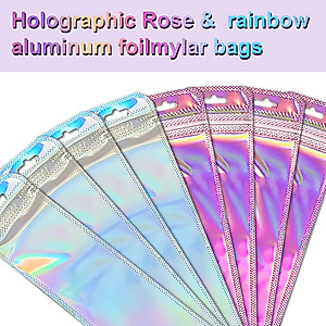 100 PCS Resealable Holographic Bags, Holographic Rose ziplock Packaging Storage Bag for Jewelry, Lip Gloss, sticker, lash, Candy, Snack, 2.56x9.44"