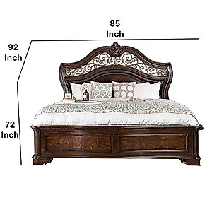 Benjara California King Wooden Bed with Intricate Carved Headboard, Brown