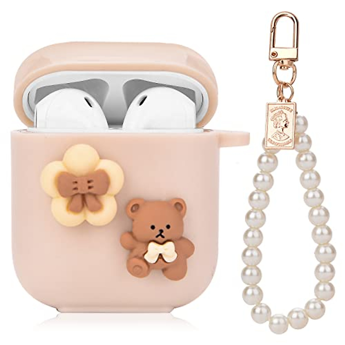 Mainrenka Cute Kawaii AirPods 2nd 1st Generation Case Aesthetic for Women and Girls with Pearl Chain Smooth Soft Protective Cover