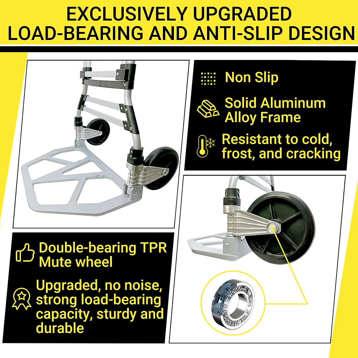 FUVLFAL 350LBS Folding Hand Truck Dolly Cart, Aluminum Portable Cart Heavy Duty Utility Dolly Trolley with Swivel Handle, Telescoping Handle, Elastic Cord, 7-inch Big Wheels for Home, Shopping, Office