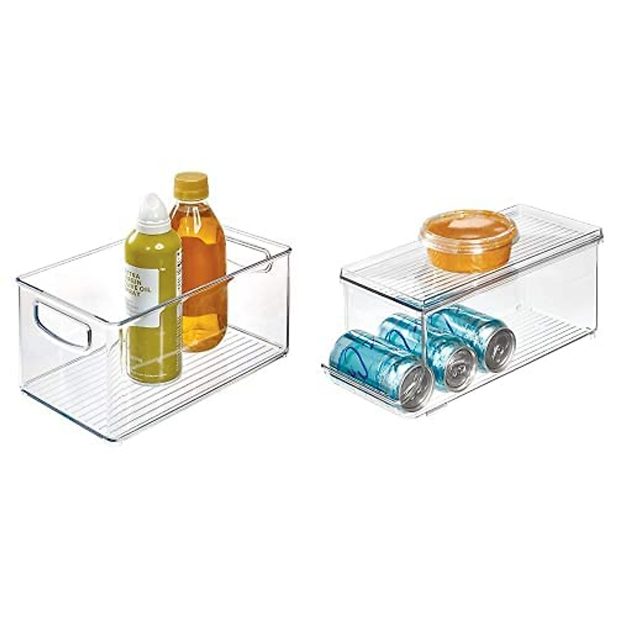 iDesign Recycled Plastic Beverage Fridge Organizer Bin with Lid – 13.84” x 5.7” x 5.8”, Clear Plastic & Plastic Fridge and Freezer Organizer Bin with Integrated Handles – 10” x 5” x 6”, Clear