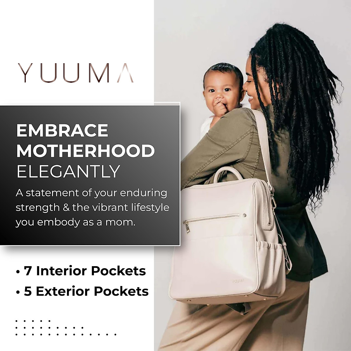 YUUMA Collection Original Diaper Backpack - Vegan Leather Baby Bag - Gold Zipper - Multiple Pockets - Easy Clean Nylon Interior - Many Colors - Modern Diaper Bag (Ivory)
