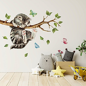 Yovkky Cat on Tree Branches Wall Decals Stickers, Kitty Animal Nursery Decor, Green Leaves Baby Kids Bedroom Home Decorations Art