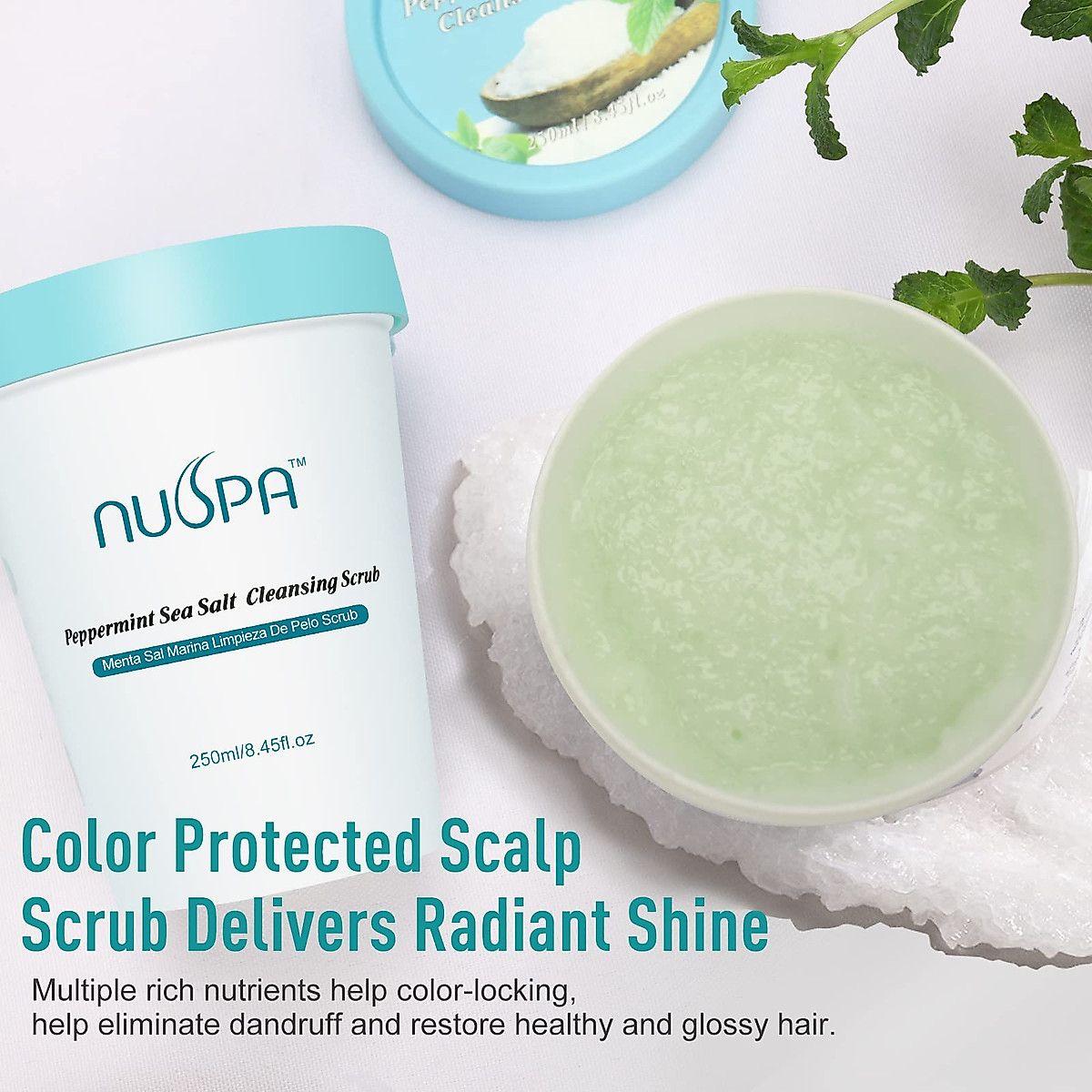 Nuspa Peppermint Sea Salt Scalp Scrub, Natural Scalp Exfoliator, Dandruff Dry Scalp Treatment Shampoo with Moisturizing Jojoba Oil and Avocado Oil, Cruelty-free