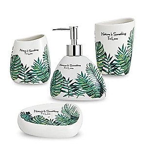 Coffeezone Irregular Shape Bathroom Accessories Set, 4 Piece Tropical Leaves Design Ceramic Bath Accessory Set with Soap Pump Dispenser, Toothbrush Holder, Tumbler & Soap Dish