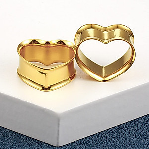 LADEMAYH 2 PCS Heart Ear Plugs Tunnels Body Piercing Basic Gauges for Women - Gold Stainless Steel 316L Pierced Hangers Earrings for Stretched Earlobe 10mm=00g