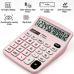 Comix Desktop Calculator 12 Digit with Large LCD Display and Big Button, 12 Digits Baisc Calculator, Solar Battery Dual Powered, for Office Home School C-1832(Pink)