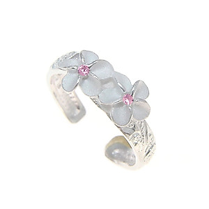 Arthur's Jewelry 925 sterling silver Hawaiian 2 plumeria flower scroll pink cz toe ring