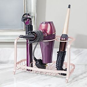 mDesign Metal Hair Care & Styling Tool Organizer Holder - 3 Sections - Bathroom Vanity Countertop Storage for Hair Dryer, Flat Irons, Curling Wands, Hair Straighteners - Light Pink/Blush