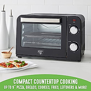 Green Life Mini Oven, Black, Healthy Ceramic Nonstick, Compact Size, Bake, Broil, Toast, Pizza Capability, Aluminized Steel Baking Pan, Stainless Steel Baking Rack, Chromed Steel Pan Handle
