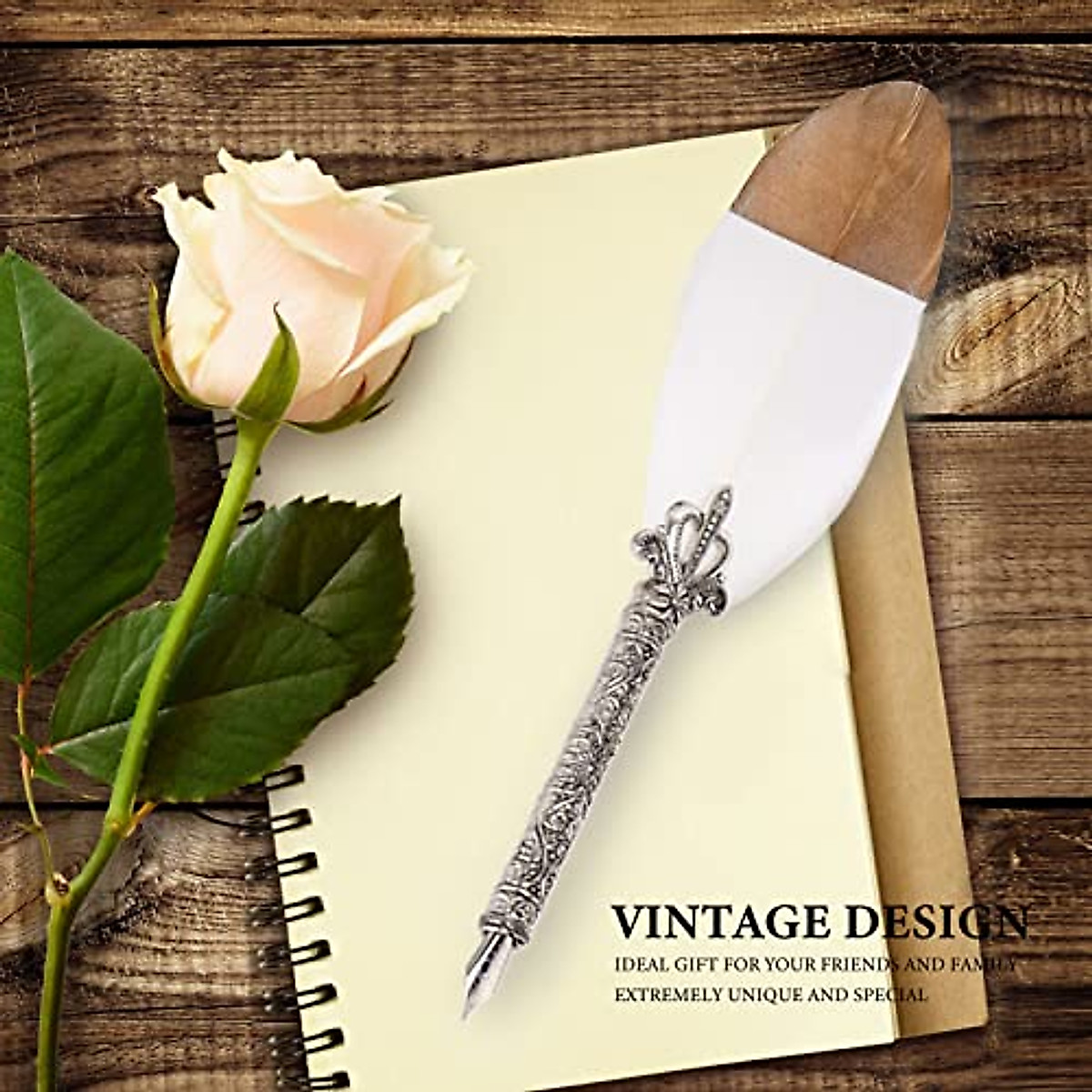 Feather Pen and Ink Set, Glittering Quill Pen Set Antique Calligraphy Dip Pen with Ink, 2 Replacement Nibs, Pen Stand Base, Luxury Vintage Signature Pen