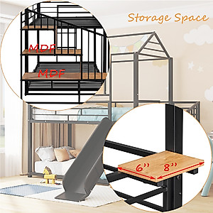 Twin Over Twin Bunk Bed with Slide, House Floor Bunk Bed with Storage Stairs and Shelves, Twin Bunk Beds for Kids, Girls, Boys, Black Bunk Bed Twin Size
