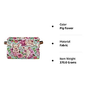 Watercolor Animal Pig Flower Square Storage Basket Bin Canvas Fabric Compressible Organizer Basket with Handle for Bedroom Nursery Office, 1PCS