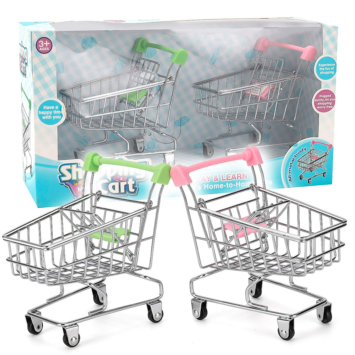 Liberty Imports 2 Pcs Mini Shopping Cart Trolley Desk Organizers, Cute Pen Pencil Holder Novelty Storage Toy for Stationery Supplies (Pink and Green)