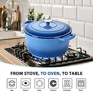E-far 6 Quart Enameled Cast Iron Dutch Oven with Lid, Round Dutch Oven Pot Nonstick Cookware for Braising, Stews, Roasting, Bread Baking, Cooking, Heavy Duty, Induction & Oven Safe - Blue