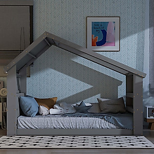 DUNTRKDU Twin Size Wood House Floor Bed Frame with LED Light, Modern Multifunction House Floor Bed with Roof Window and Wood Slats Support for Bedroom Girls Boys, Easy Assemble (Gray)