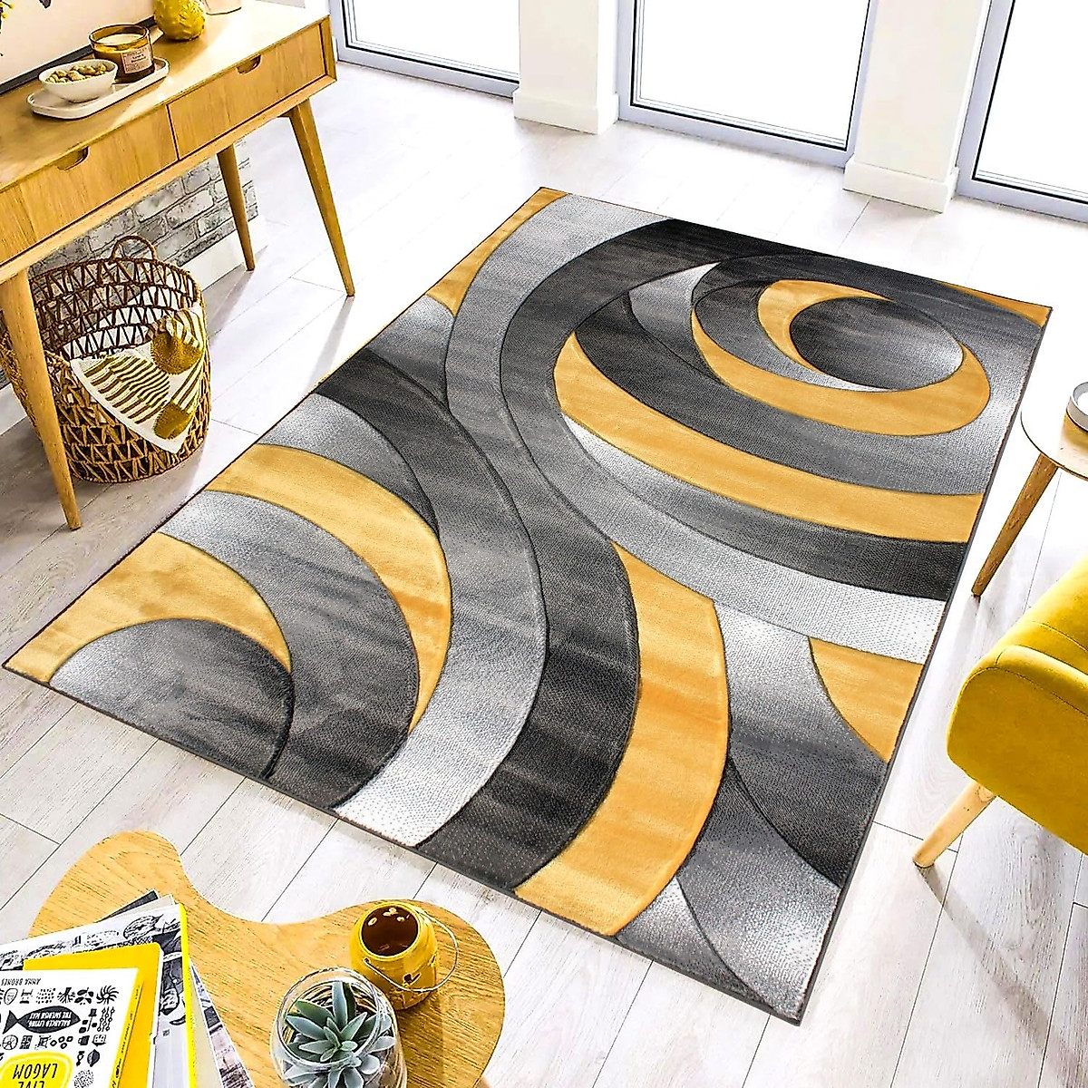 HADBA Rug Modern Geometric Area Rug Yellow 5x7 | Comfortable, Softness and Anti-Allergic Fabric | Easy to Clean | Best for Living Room, Bedroom, Hallway, and Indoor