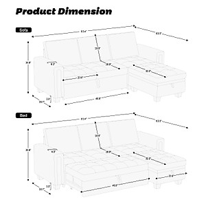 Belffin Secitonal Sleeper Sofa with Pull Out Couch Bed Modular Sectional Sofa with Storage Couch Velvet L Shaped Couch Sleeper Sofa Bed Beige