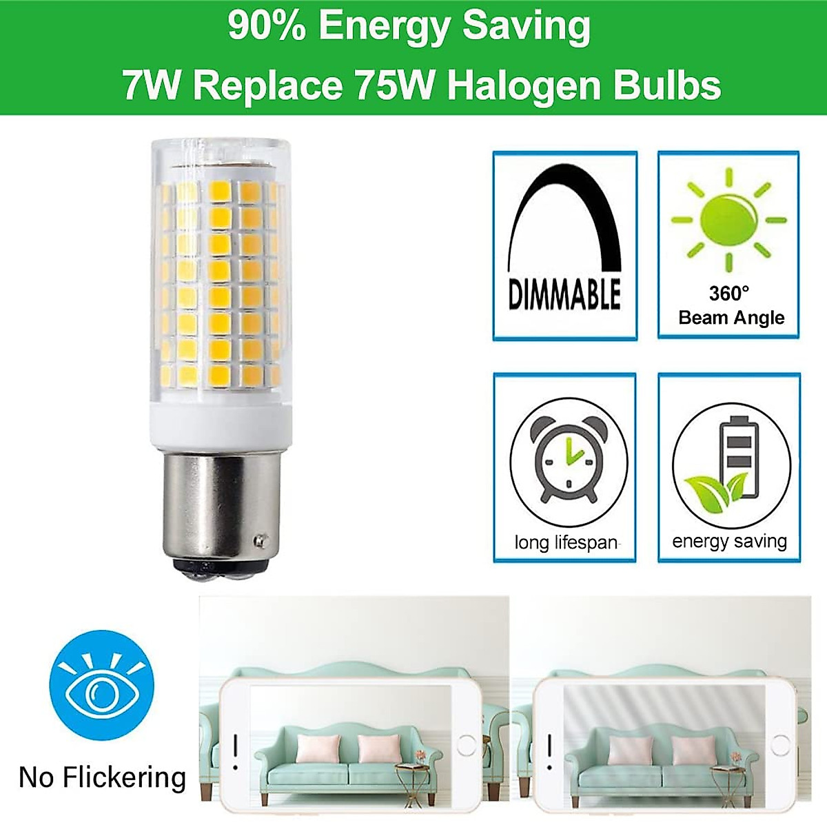 BA15D Led Light Bulbs 120V Dimmable 7W Double Contact Bayonet Base, 75W JD Type T3/T4 Halogen Equivalent, BA15D LED Bulb 3000K Soft Warm White for Sewing Machine Pendants Wall Light