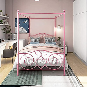 Albearing Canopy Bed Frame Platform Metal Bed Frame Heavy Duty Steel Slat and Support with Headboard and Footboard No Box Spring Required (Full, Pink)