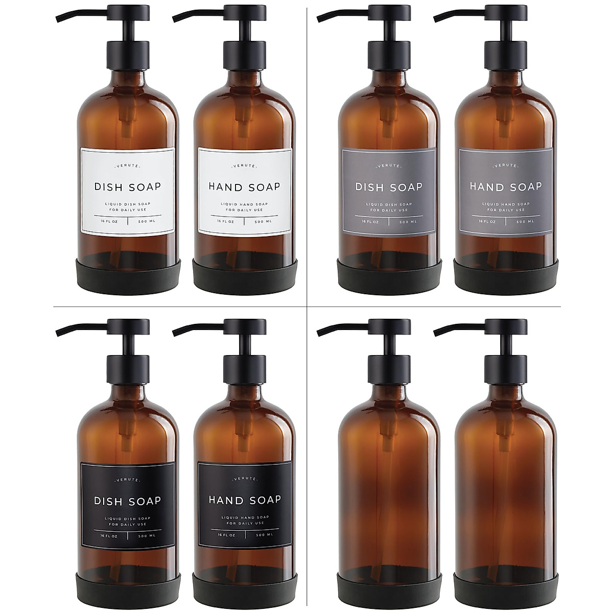 Verute 16oz Glass Soap Dispenser with Stainless Steel Pump, 21 Waterproof Labels, Non-Slip Protective Silicone Pad, Set of 2 for Bathroom & Kitchen (Amber Bottle/Black Pump)