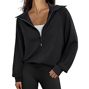 Trendy Queen Womens Oversized Sweatshirts Half Zip Pullover Long Sleeve Quarter Zip Hoodies Teen Girls Fall Y2K Clothes Black L