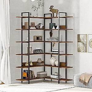 6-Tier Corner Bookshelf L Shaped Bookcase, Open Large Vintage Industrial Storage and Display Shelves with Metal Frame for Home Office