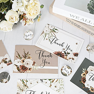 AnyDesign Boho Floral Thank You Cards Bulk 30 Pack Fall Rustic Greeting Cards with Stickers Envelopes Watercolor Flower Blank Appreciation Note Cards for Birthday Wedding Thanksgiving Baby Shower