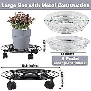 5 Packs Large Metal Plant Caddy 13.8” Plant Dolly with Wheels Heavy-Duty Wrought Iron Rolling Plant Stand with Casters for Indoor and Outdoor Plant Pot Rollers Black, Plastic Saucers Included