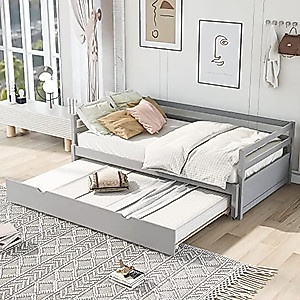 Classic Solid Wooden Daybed with Pop Up Trundle Twin to King Extendable Sofa Bed for Living Room Bedroom Guest Room Space Saving, Gray