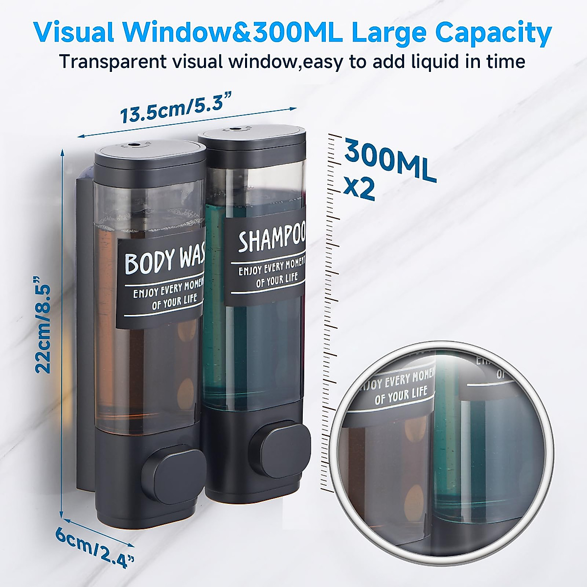 Shampoo and Conditioner Dispenser,GlintGath Shower Dispenser 2 Chamber No Drill Shampoo Dispenser for Shower Wall Mounted Shower Soap Dispenser for Bathroom Hotel,2 * 300ML,Matte Black