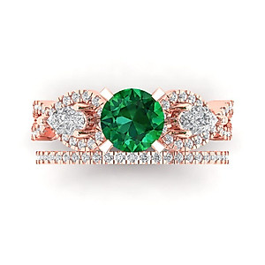 Clara Pucci 2ct Round Cut Solitaire 3 stone Simulated Emerald Engagement Promise Anniversary Bridal Ring Band set 14k Rose Gold 8.25