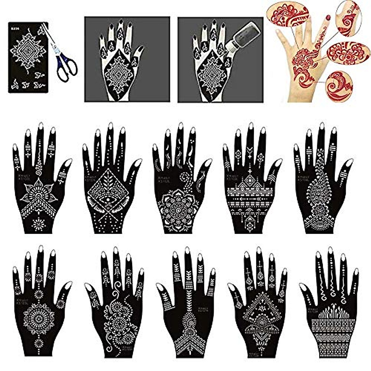 Xmasir Henna Tattoo Stencils Kit Pack of 22 Sheets, Temporary Tattoo Templates Indian Arabian Tattoo Sticker for Hands Body Art