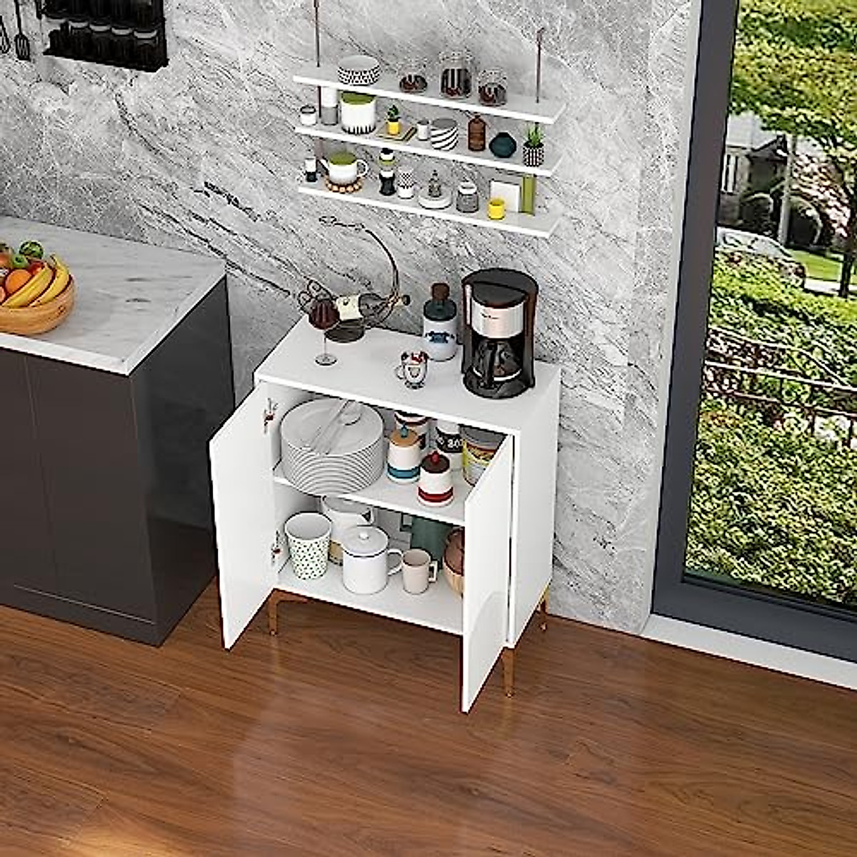 scolyk White Buffet Cabinet with Storage： White Coffee Bar Cabinet with Storage， Kitchen Sideboard Cabinet, 2 Door Cabinet Buffets & Sideboards， White Kitchen Cabinets