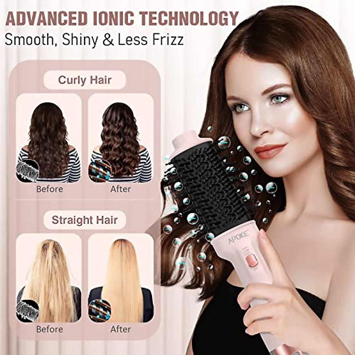 APOKE One Step Hair Dryer Brush and Styler Volumizer, Multifunctional 4 in 1 Ceramic Tourmaline Negative Ion Hot Air Styling Brush, Professional Salon Blow Dryer Brush for Drying Curling Straightening