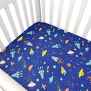 Brandream Baby Boys Crib Bedding Sets Outer Space Rocket Planet Astronaut Nursery Bedding Set,3 Piece Baby Newborn Crib Comforter Sets 100% Cotton, Navy/White