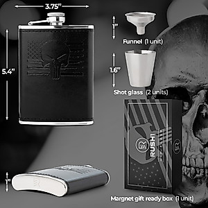 Rush1 8oz Leather Flask for Men – Custom American Flag Skull Design – Wrap Stainless Steel Set with Funnel and 2 Shot Glasses – Ideal for Whiskey or any Liquor.